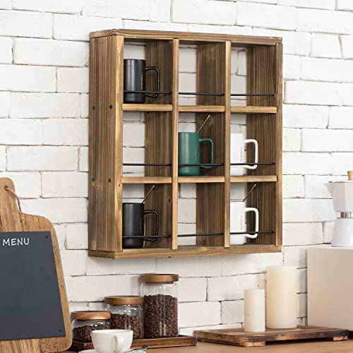 MyGift Wall Mounted Coffee Mug Display Rack, Rustic Burnt Wood Collectible Travel Mug Cup Holder Shadow Box Shelf
