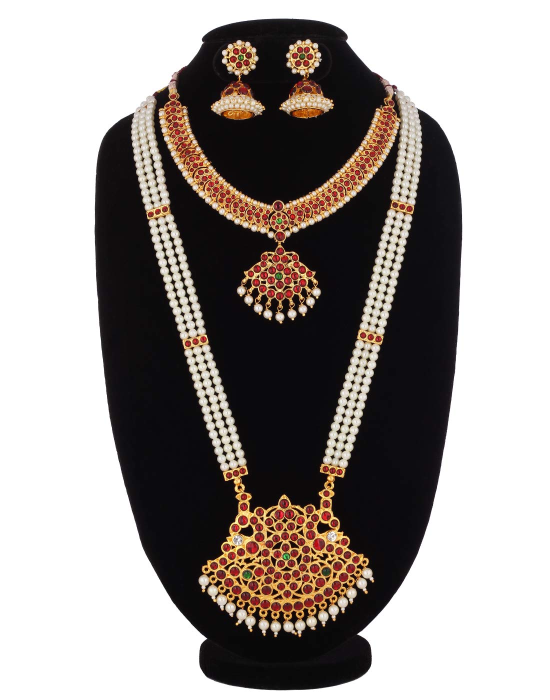 Fashionatelier 3 Line Long Pearl Haram with Pendant and Short Necklace with Earrings