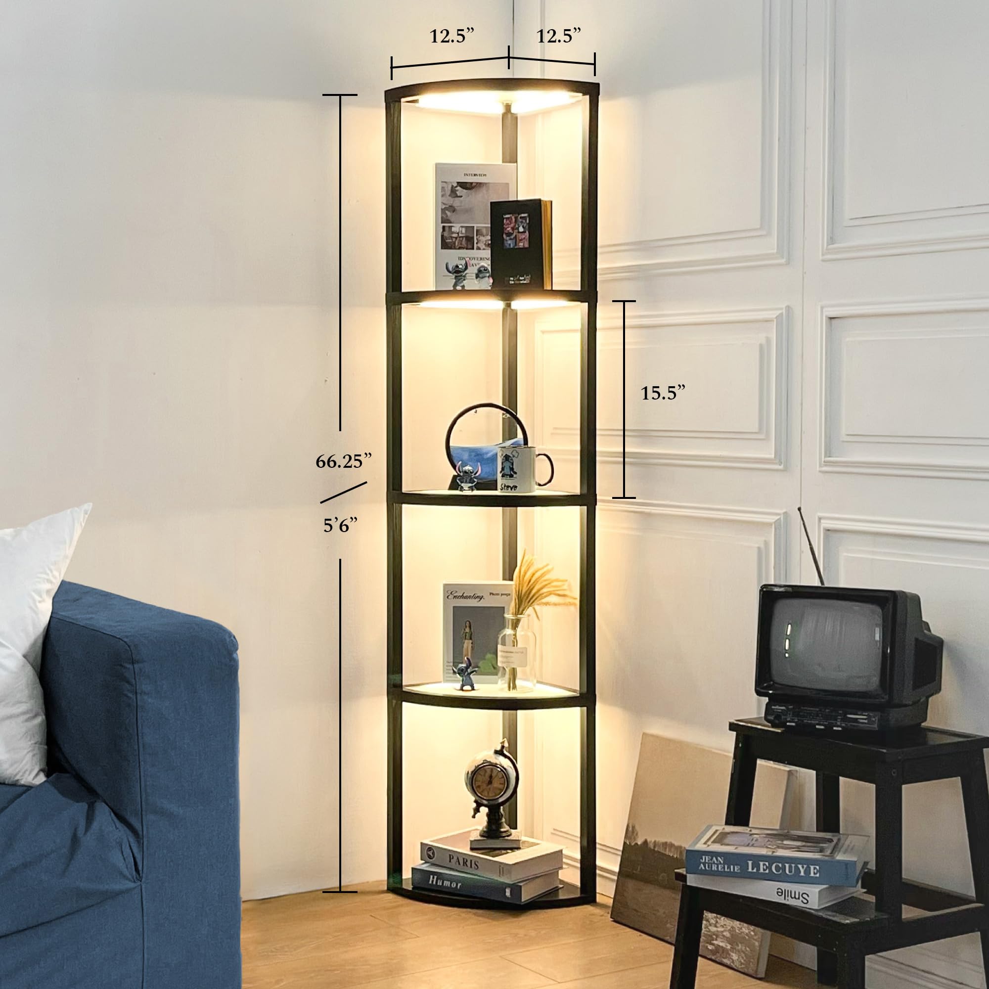 FENLO Fantasy Edge - 66" LED Corner Glass Display Shelf Lamp for Bedrooms, Dimmable Corner Floor Lamp with Shelves, Curio Cabinet Display Case with Remote Control (Black)