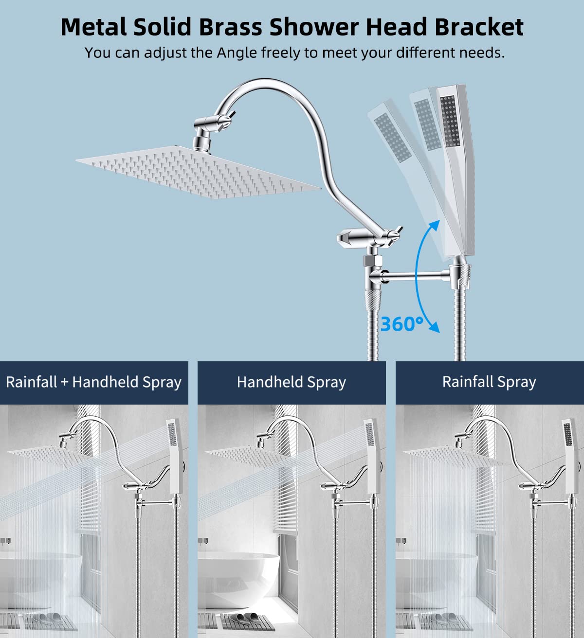 Hibbent All Metal Shower Head, 10'' High Pressure Rainfall Shower Head, Showerhead Combo/Handheld Shower Wand, 12'' Adjustable Curved Shower Extension Arm, 71'' Hose, 2 Shower Head Holders, Chrome
