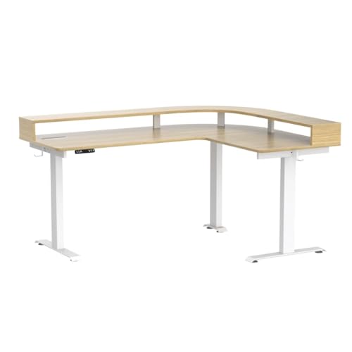 FEZIBO Triple Motor L Shaped Stadning Desk with LED Strip & Power Outrlets,63 inches Height Adjustable Stand up Corner Desk with Ergonomic Monitor Stand, White Frame/Natural Top