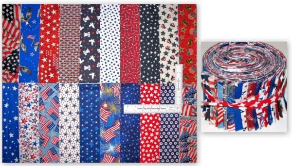 FlashPhoenix Quality Sewing Fabric – Jelly Roll Patriotic USA Stars Stripes Cotton Fabric 20 Strips 2.5" x 44" Precut