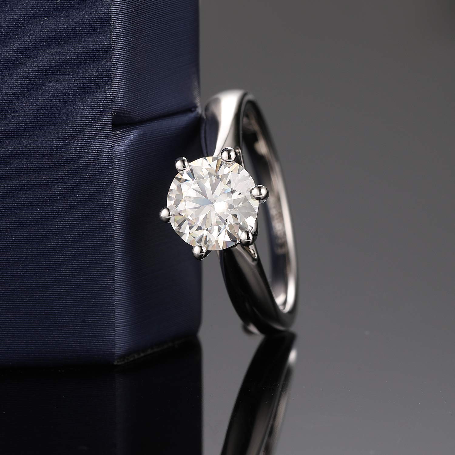 Esdomera Solitaire 6 Prongs 2.00ct Round Cut 8mm Moissanite Women's Engagement Ring in Platinum Plated Sterling Silver Proposal Ring (5.5)
