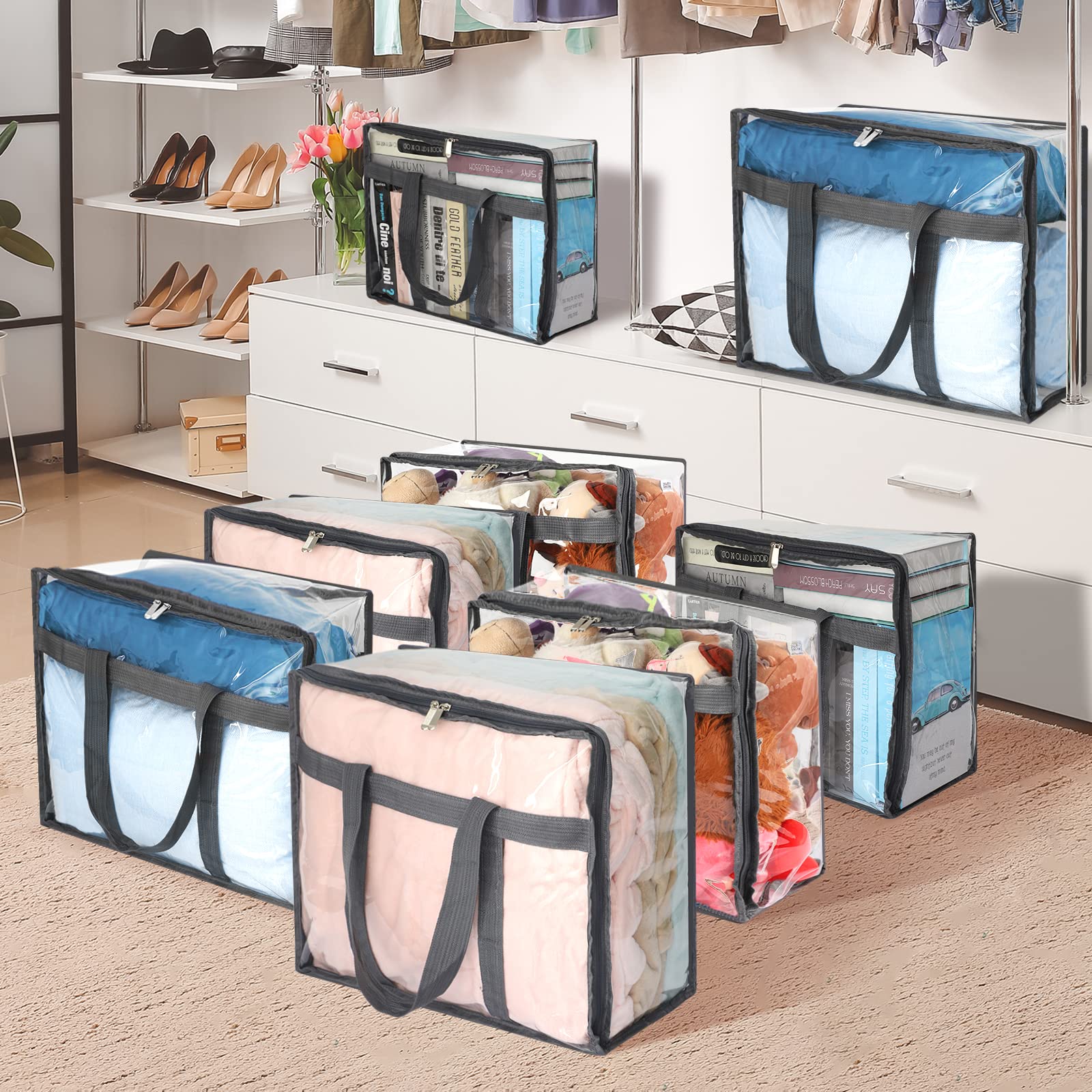 Fixwal 8 Pack Clear Clothes Storage Bags Vinyl Organizers with Sturdy Zippers Reinforced Handle Plastic Moving Totes for BlanketsLinen Bedding Duvet Transparent Space Saver Containers
