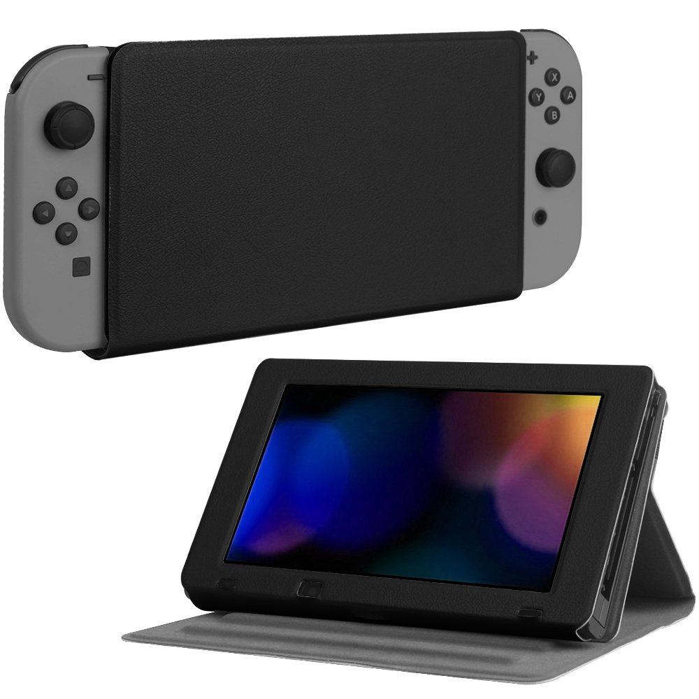 Fintie Protective Case for Nintendo Switch - [Multi-Angle Viewing] Ultra Slim Vegan Leather Play Stand Cover with Elastic Strap for Nintendo Switch 2017 - Black