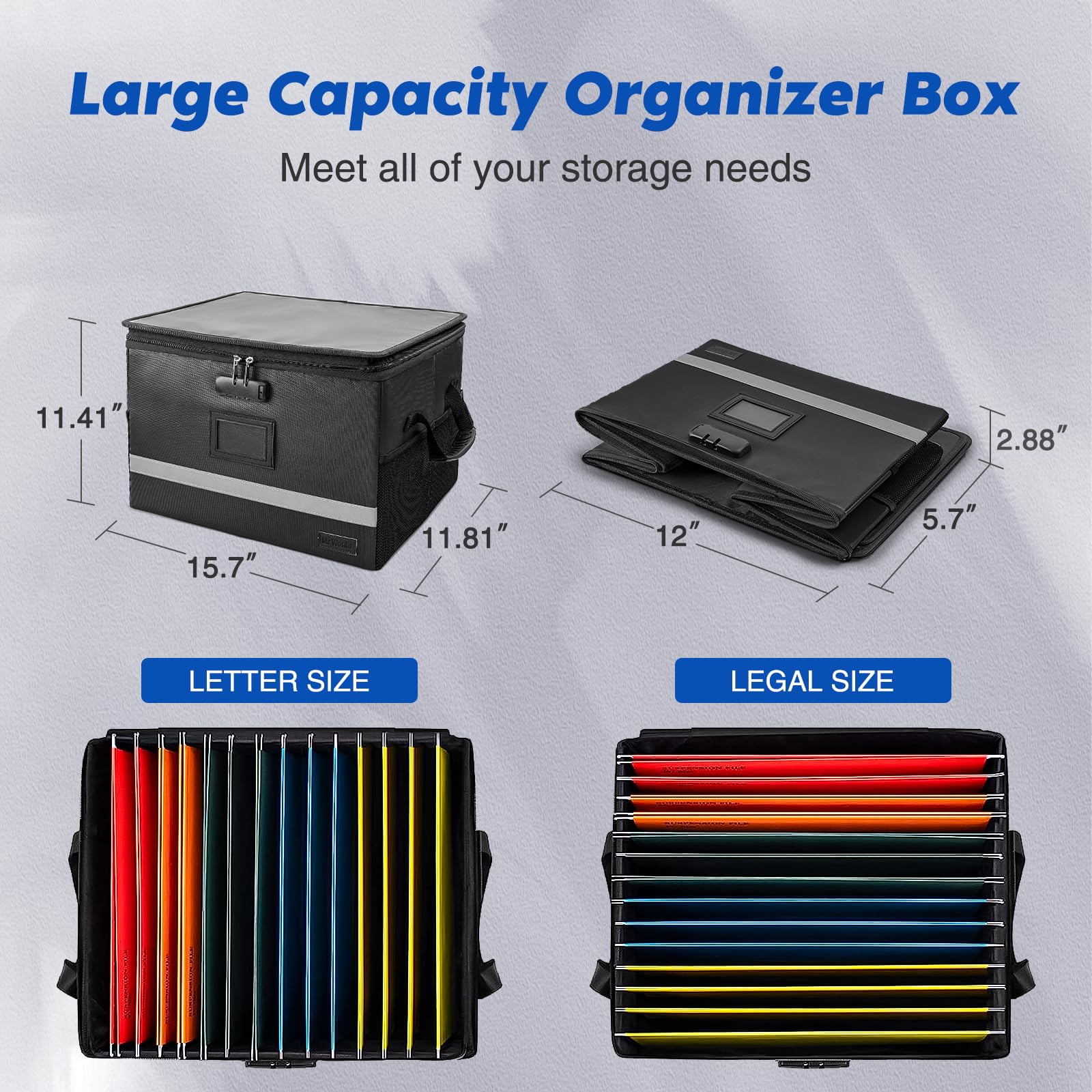 Fireproof Document Box with Lock, Waterproof File Safe Box Anti-Static Collapsible Portable Office Home File Cabinet with Reflective Strip for important Hanging Letter & Legal Folder Certificate