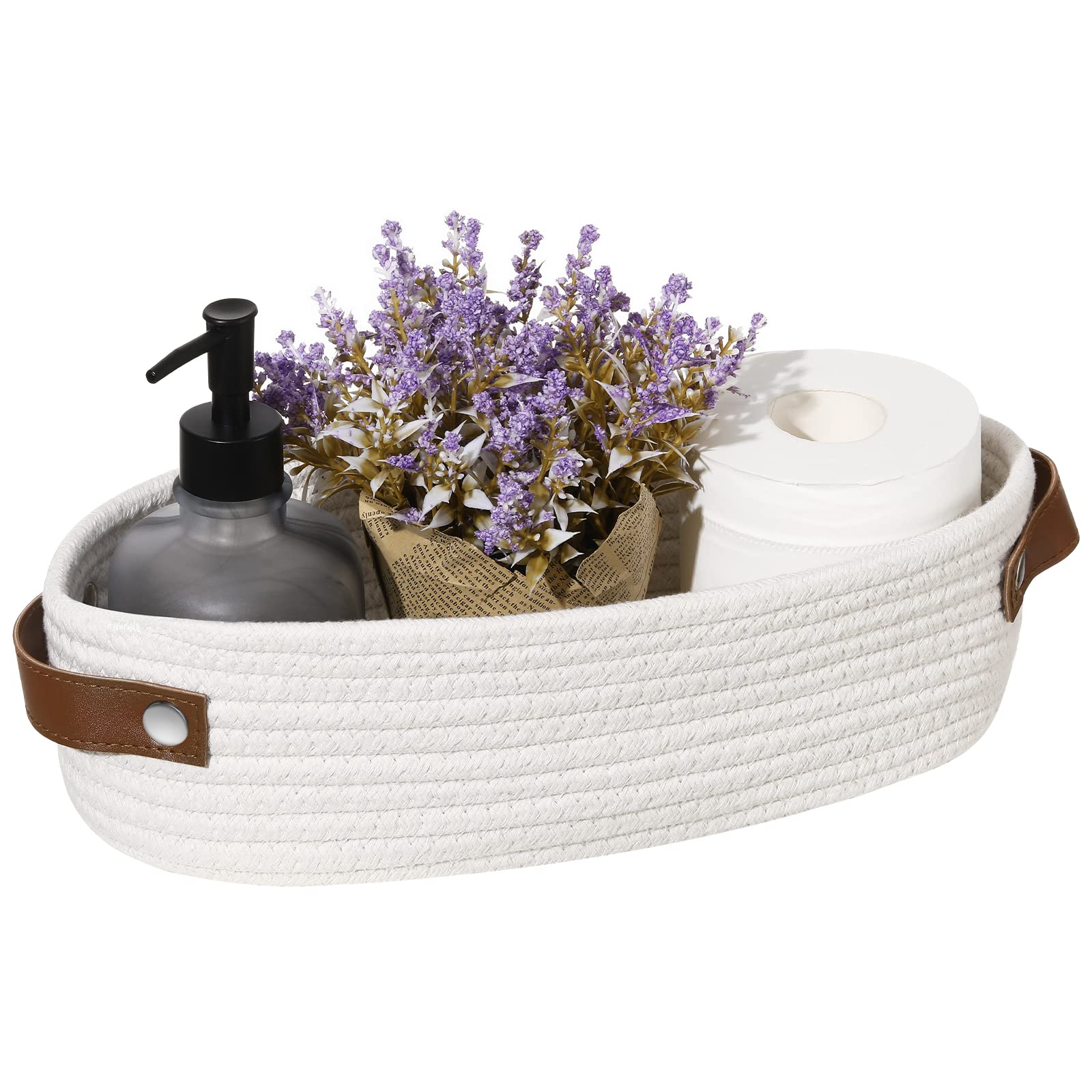 Lewondr Woven Cotton Rope Basket with Leather Handles, White, 12.99 x 5.91 x 3.94 inches