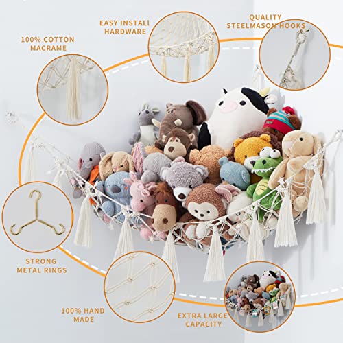 Mingtex Stuffed Animal Net or Hammock – Decorative Macrame Toy Hammocks for Kids Toys, Large Soft Net with LED Start Light String, Wall Hanging Hooks, and Wooden Photo Display Clips, Toy holder