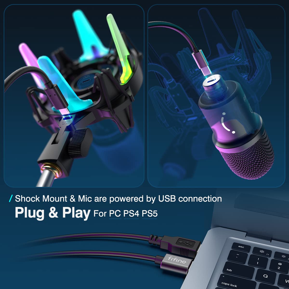 FIFINE USB Dynamic Microphone Kit-Streaming Microphone Set for PC with Boom Arm, Quick Mute, RGB Shock Mount, for Gaming Podcasting YouTube, Cardioid Mic, Plug and Play on Computer PS4 PS5-K651