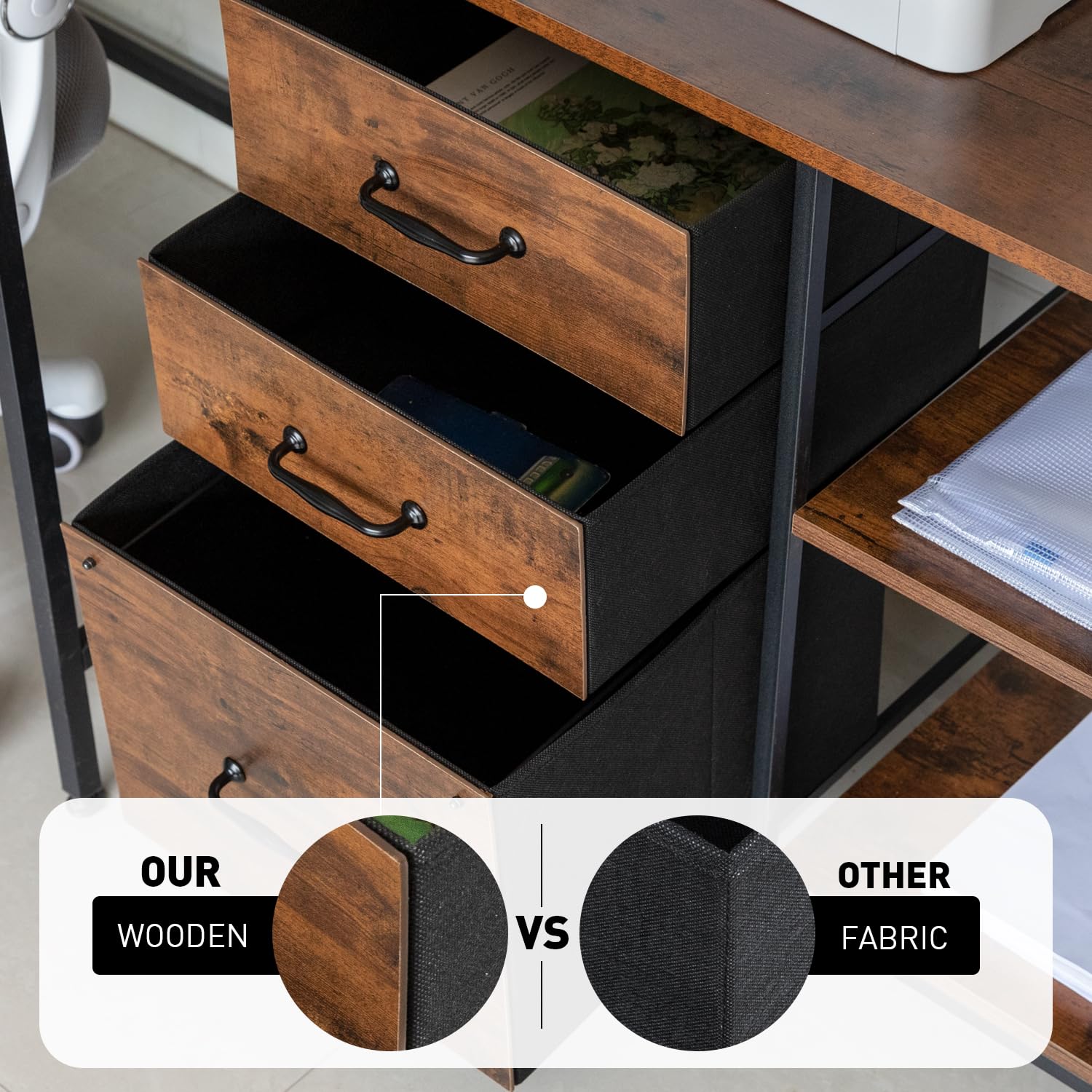 Finnhomy 3-drawer Mobile File Cabinet for Home Office, Fabric Lateral Filing Cabinet with Wooden Board, Printer Stand with Open Storage Shelves fits A4 or Letter Size