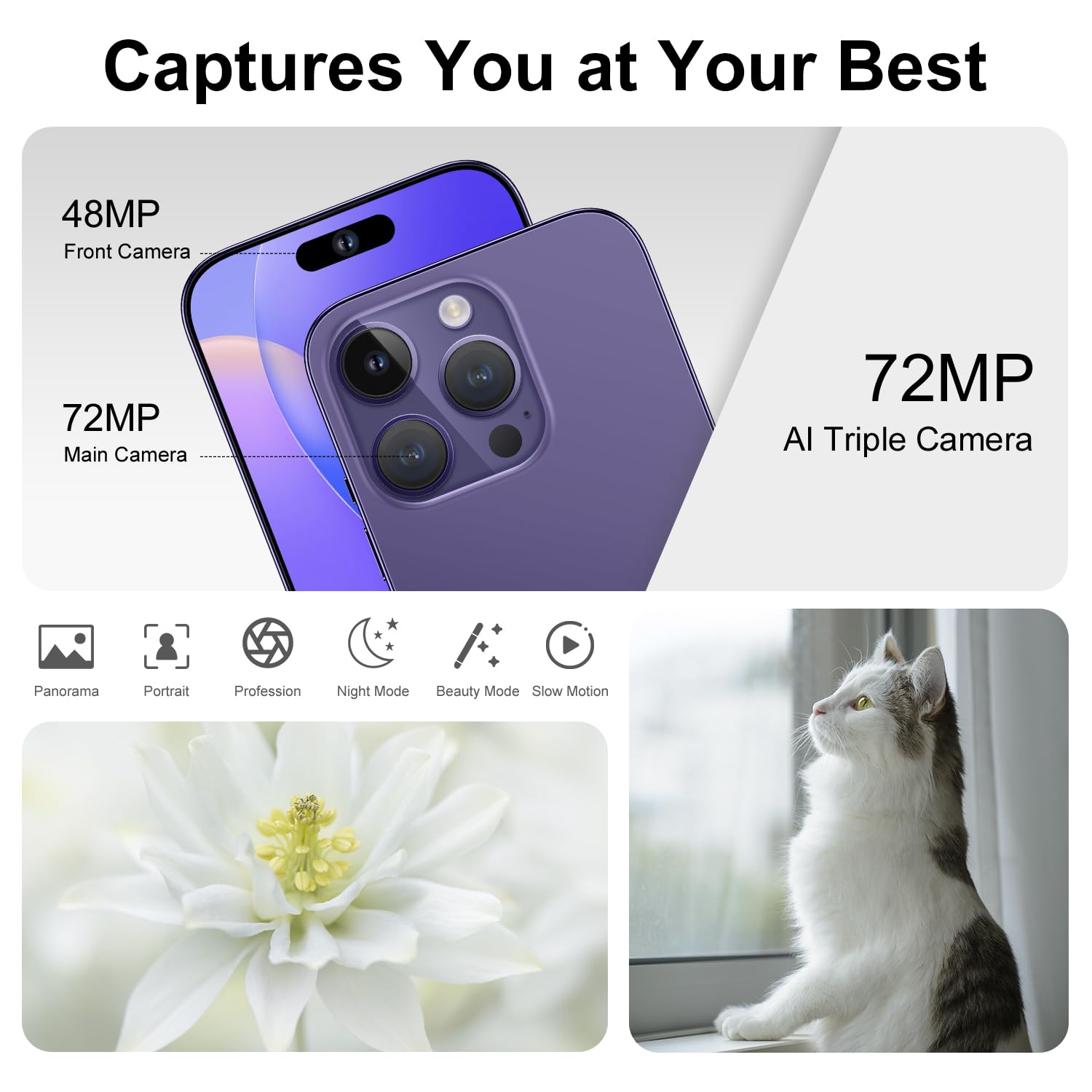 ExAchat A14 Cell Phone Unlocked, 6.82" FHD+ Display Android Smartphone 5G, 72MP Camera 6800mAh 4GB+128GB Dual SIM with Headset/GPS Fingerprint/Face ID