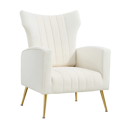 FATFISH Modern Velvet Accent Chair with Arms, Wingback Reading Chair with Gold Metal Legs, Comfy Upholstered Single Leisure Sofa for Living Room Bedroom Club(Velvet+White)