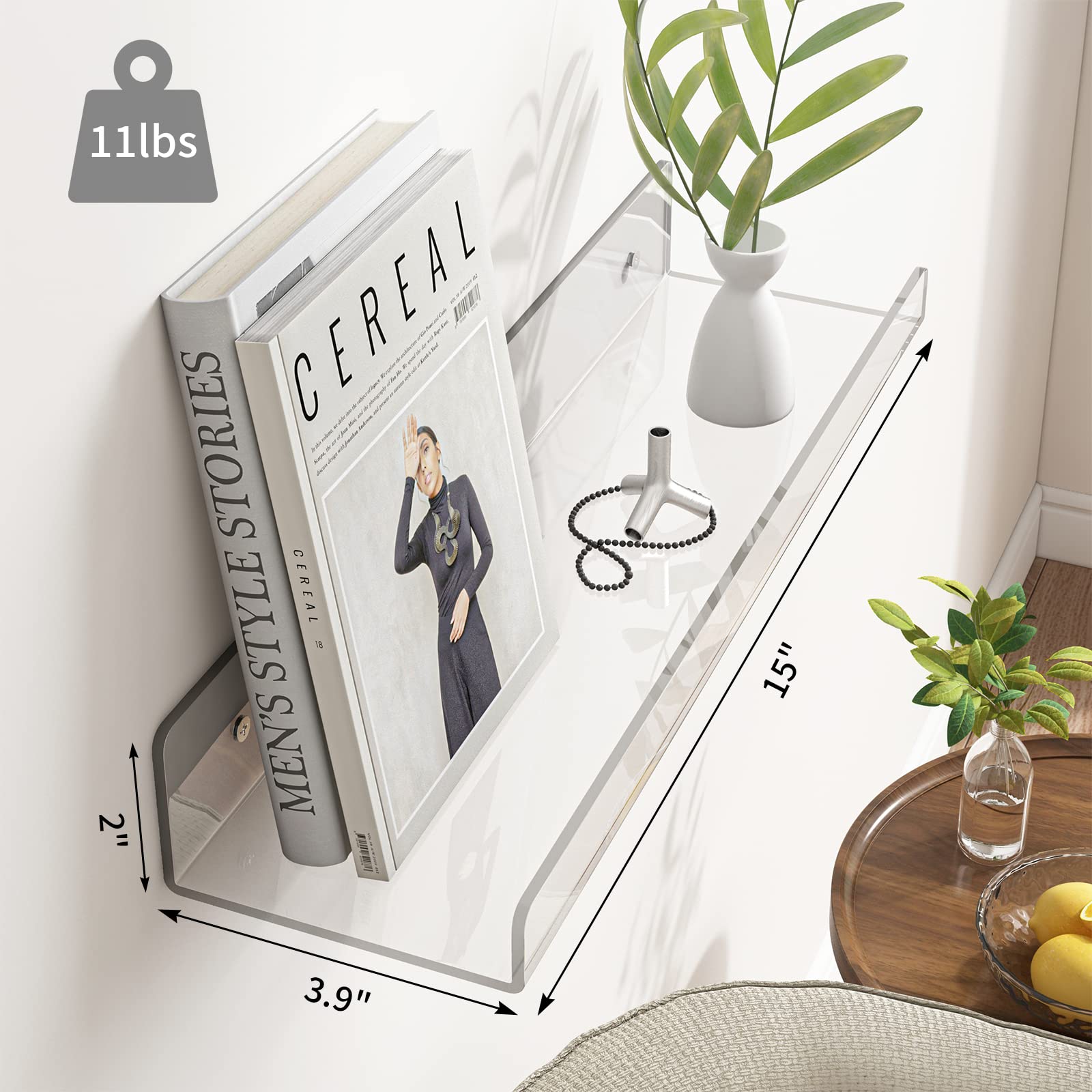 Fixwal Acrylic Shelves, 15 Inch Floating Wall Mounted Shelves, Clear Funko Pop Display Case, Invisible Bookshelf, Wall Decor for Kids and Bathroom Storage, Set of 4