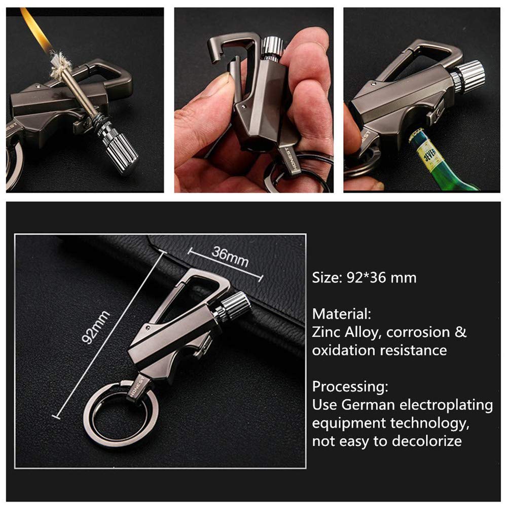 Flint Metal Permanent Match Fire Starter and Bottle Opener Car Keychain Kerosene Fillable Lighter Gift Male Female Outdoor(Kerosene not Include) (Black)