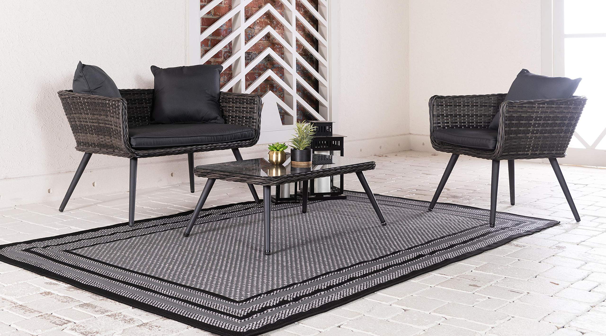 Unique Loom Outdoor Border Collection Area Rug - Multi Border (3' 3" x 5' 1" Rectangle, Gray/ Black)