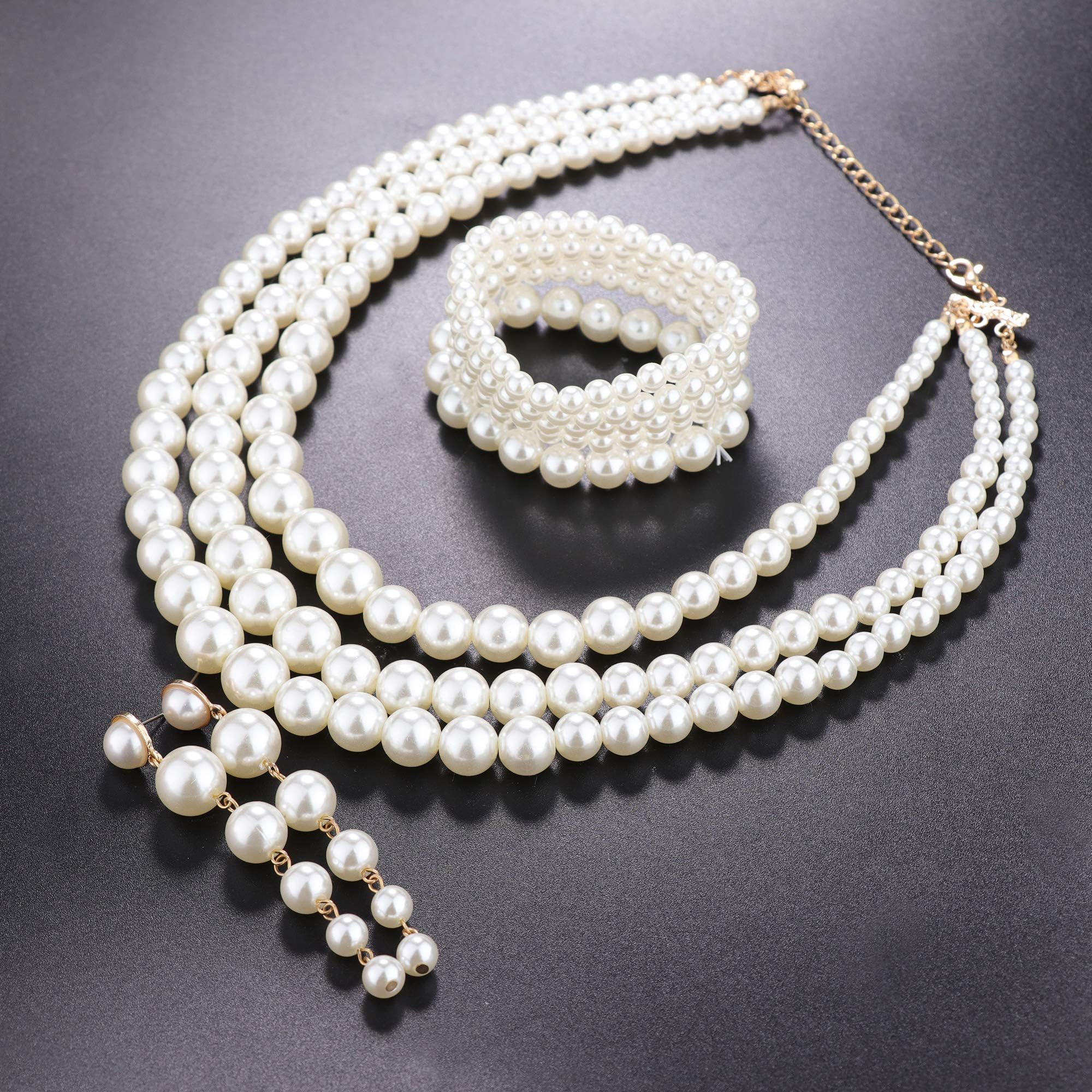 FINREZIO Women's Faux Three Multi-Strand Pearl Necklace Long Pearl Dangle Earrings and Bracelet Jewelry Set for Women