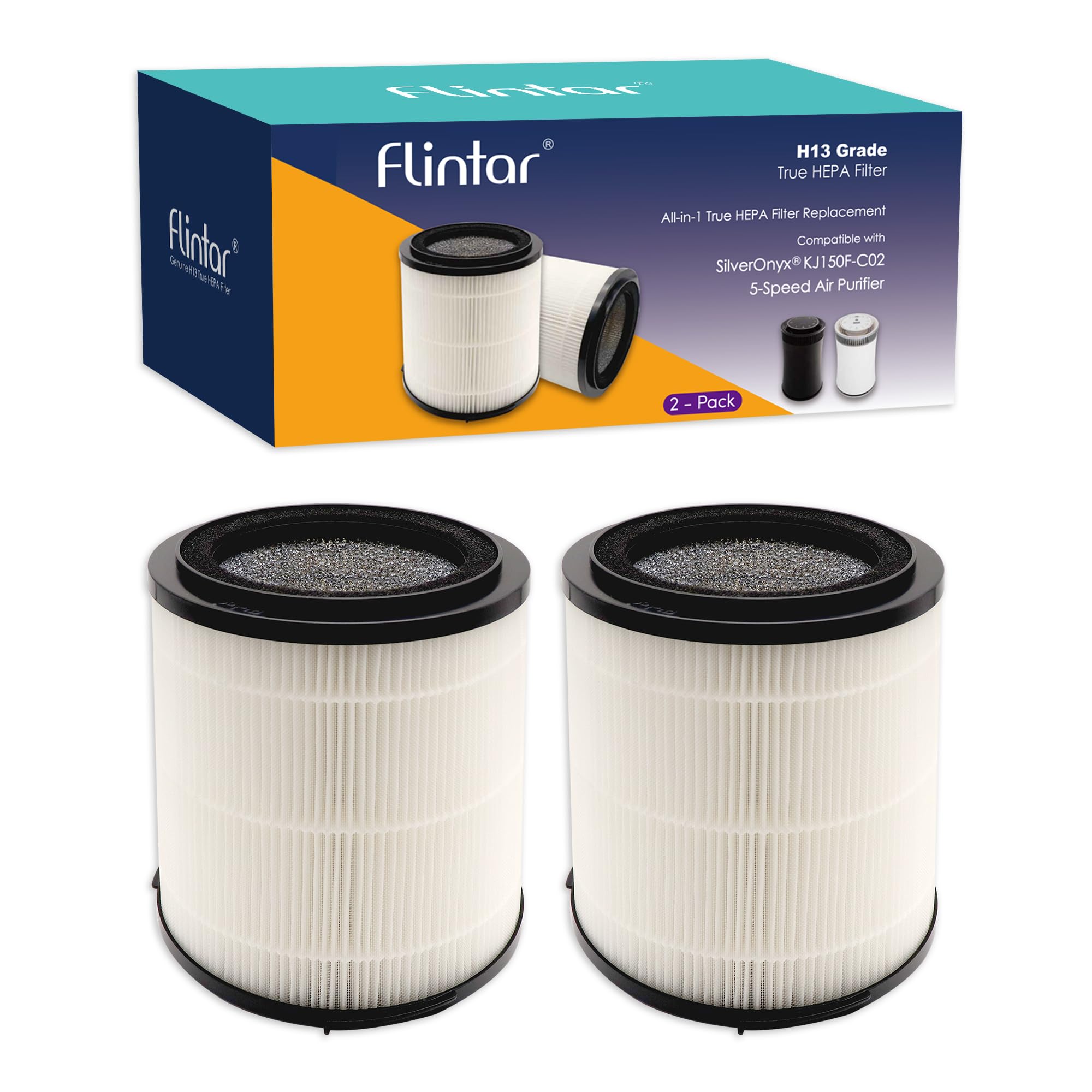 Flintar H13 True HEPA Replacement Filter, Compatible with SilverOnyx 5-Speed Air Purifier KJ150F-C02, 3-in-1 H13 Grade True HEPA filter, For Large Room 500 sq ft (2-Set)