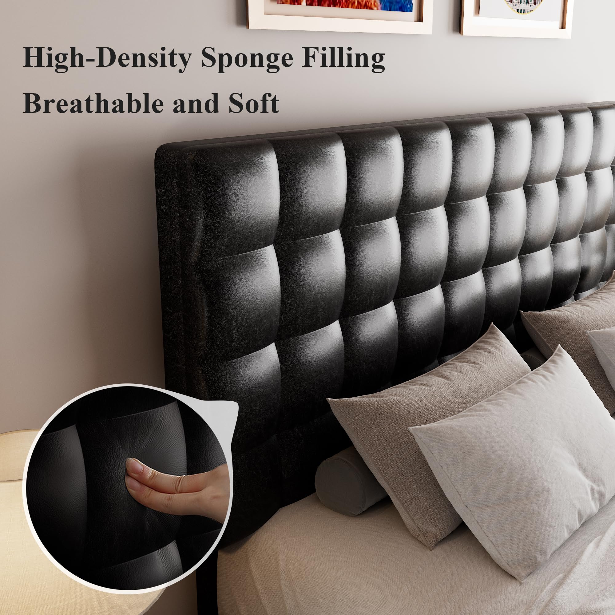 Feonase King Size Bed Frame with Square Stitched Headboard, Faux Leather Upholstered Platform Bed Frame, High-Density Sponge Filled, Solid Wood Slats, No Box Spring Needed, Noise-Free, Black