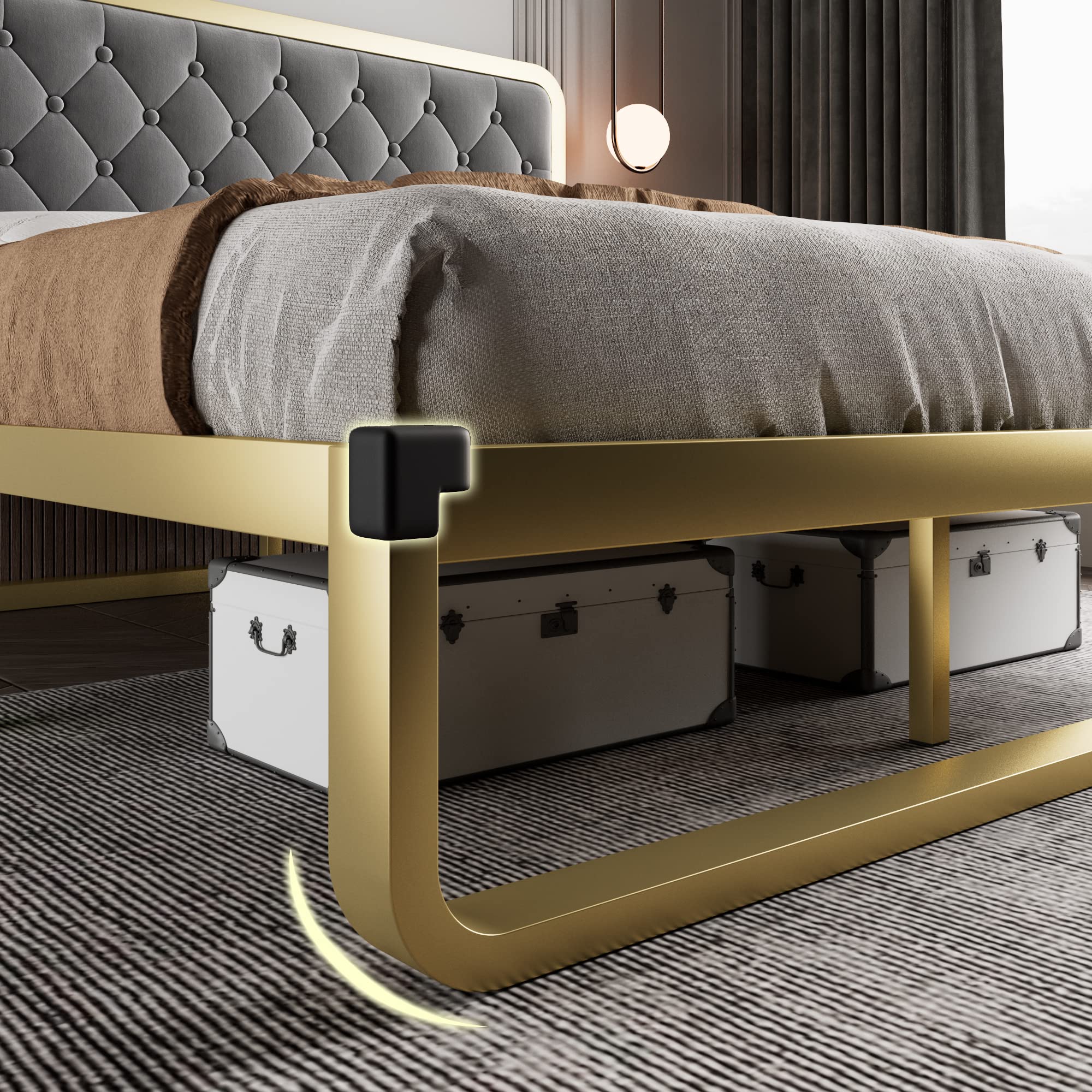 Feonase Queen Size Platform Bed Frame with Heavy-Duty Steel Slats, Velvet Upholstered Bed Frame with 12" Storage Space, No Box Spring Required, Noise Free, Easy Assembly, Golden and Gray