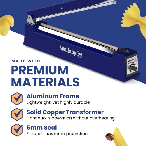 Wallaby Impulse Sealer - 16 inch - Manual Heat Sealer Machine for Mylar Bags - Heavy Duty for Strong, Secure Sealing for Long Term Food Storage - Two Fuse & Strip Replacement Kits Included (Blue)