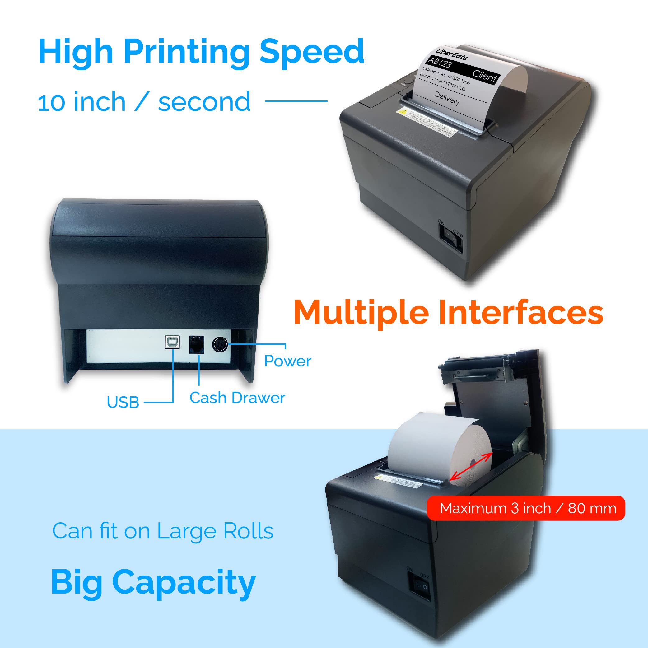 MR.BOSS 3 Inch Width Receipt Thermal Printer Bluetooth WiFi USB Support Food Delivery Ticket Printing App Ubereats Doordash Grubhub Postmates Also for Togo Shop Bubble Tea Fastfood Restaurant
