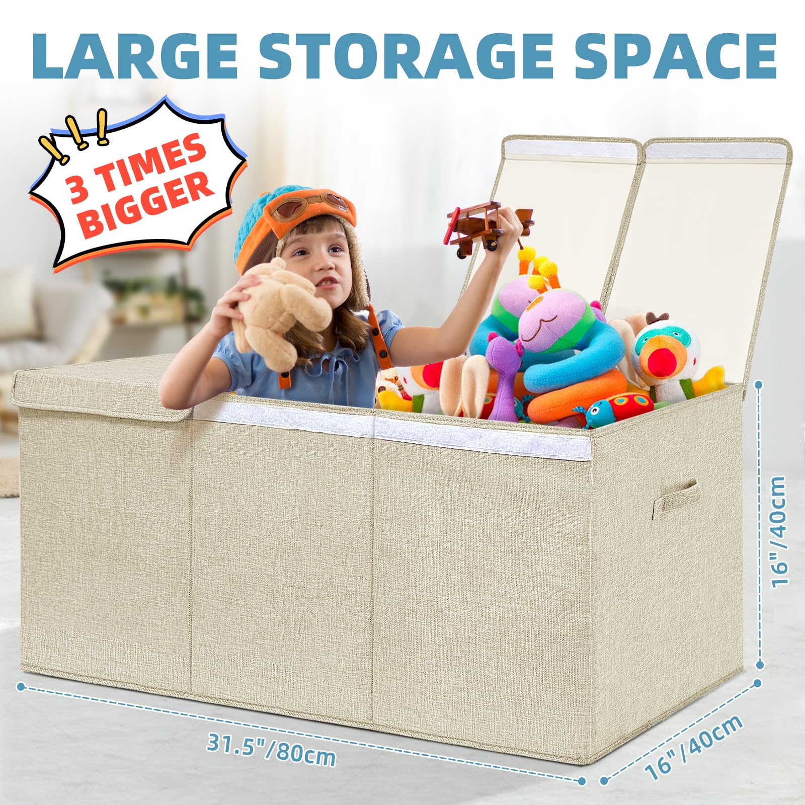 Hoyula Extra Large Fabric Toy Box Storage Container, Collapsible Sturdy Linen Organizer Chest with Lid Bins Basket for Kids, Nursery Room, Playroom, Closet, Beige, 1 pack
