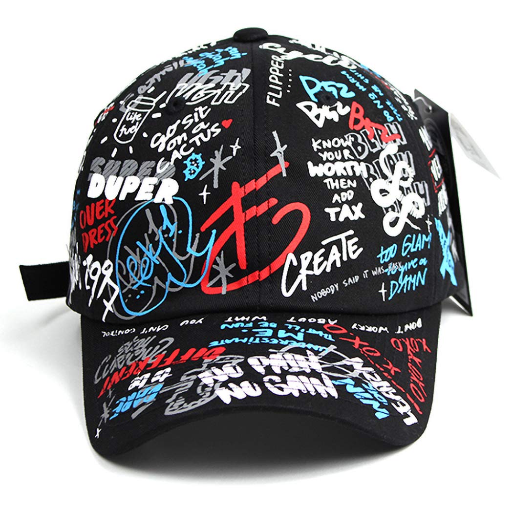 Flipper Designer Graffiti Doodle Cotton Baseball Cap for Men Women, Kpop Hat w/Curve Brim (White/Black, Free Size)