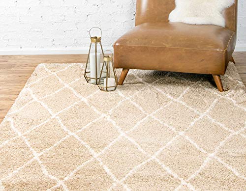 Unique Loom Rabat Shag Collection Modern Tribal Moroccan Inspired Plush & Soft Geometric Design Area Rug (5' 0 x 8' 0 Rectangular, Taupe/ Ivory)