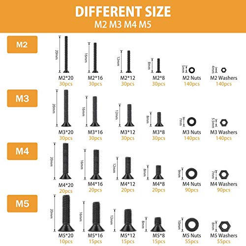 M6-1.0 M8-1.25 Flat Countersunk Hex Head Socket Cap Screws, 10.9 Grade Alloy Steel, VIGRUE 205PCS Metric Internal Hex Screws Bolts Nuts Washers Assortment Kit, Full Coarse Thread UNC