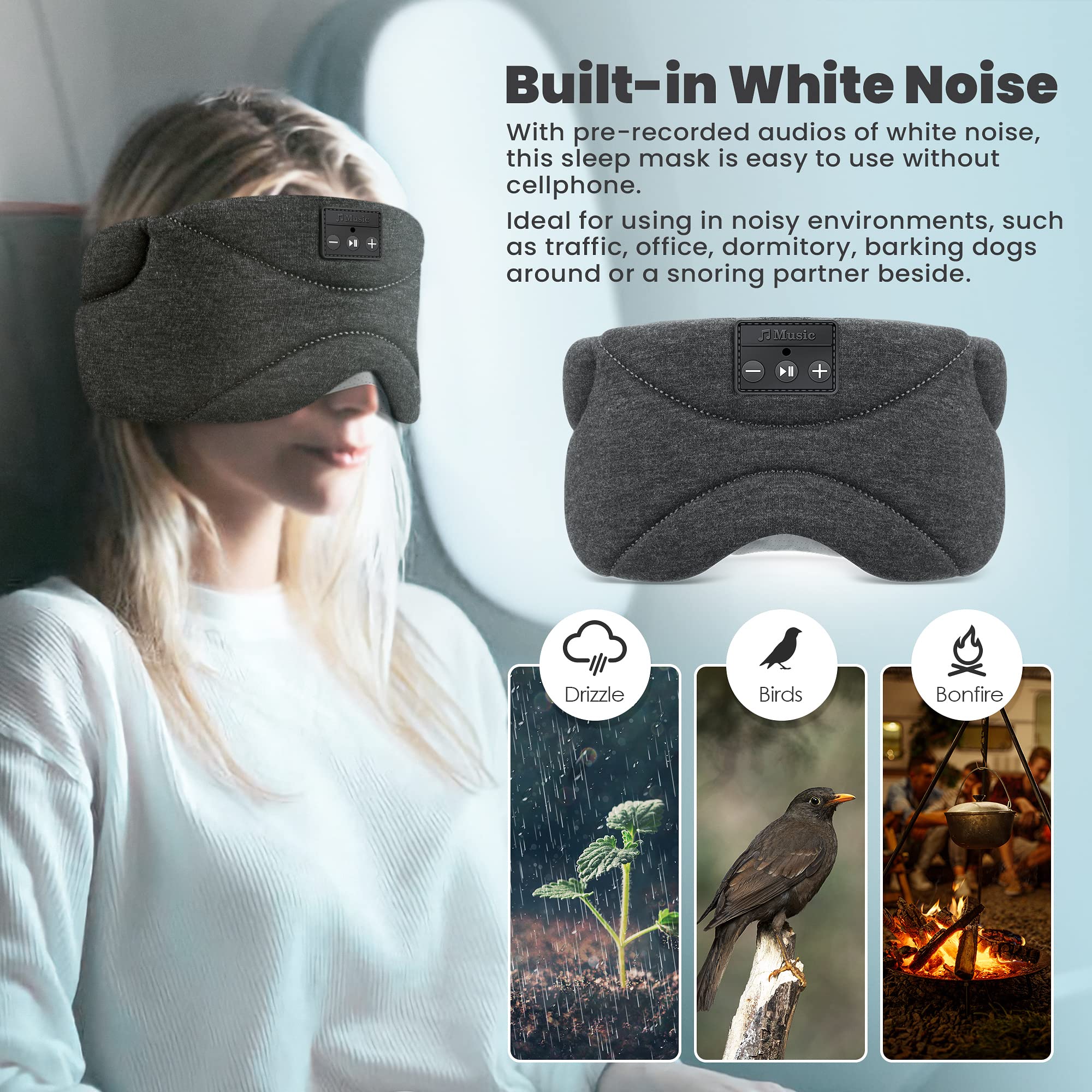 Flashmen Bluetooth Sleep Mask with White Noise Blackout Light Ice-Feeling Extra Soft Modal Lining Sleep Eye Mask Ultra-Thin Sleeping Headphones (Gray)