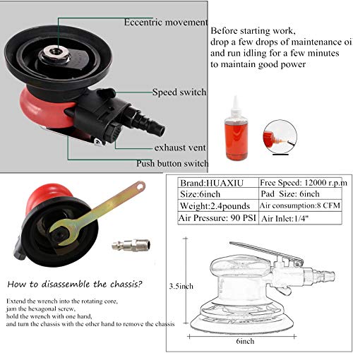 Professional Air Random Orbital Sander, Heavy Duty Dual Action Pneumatic Palm Sander (6 inch, Red)