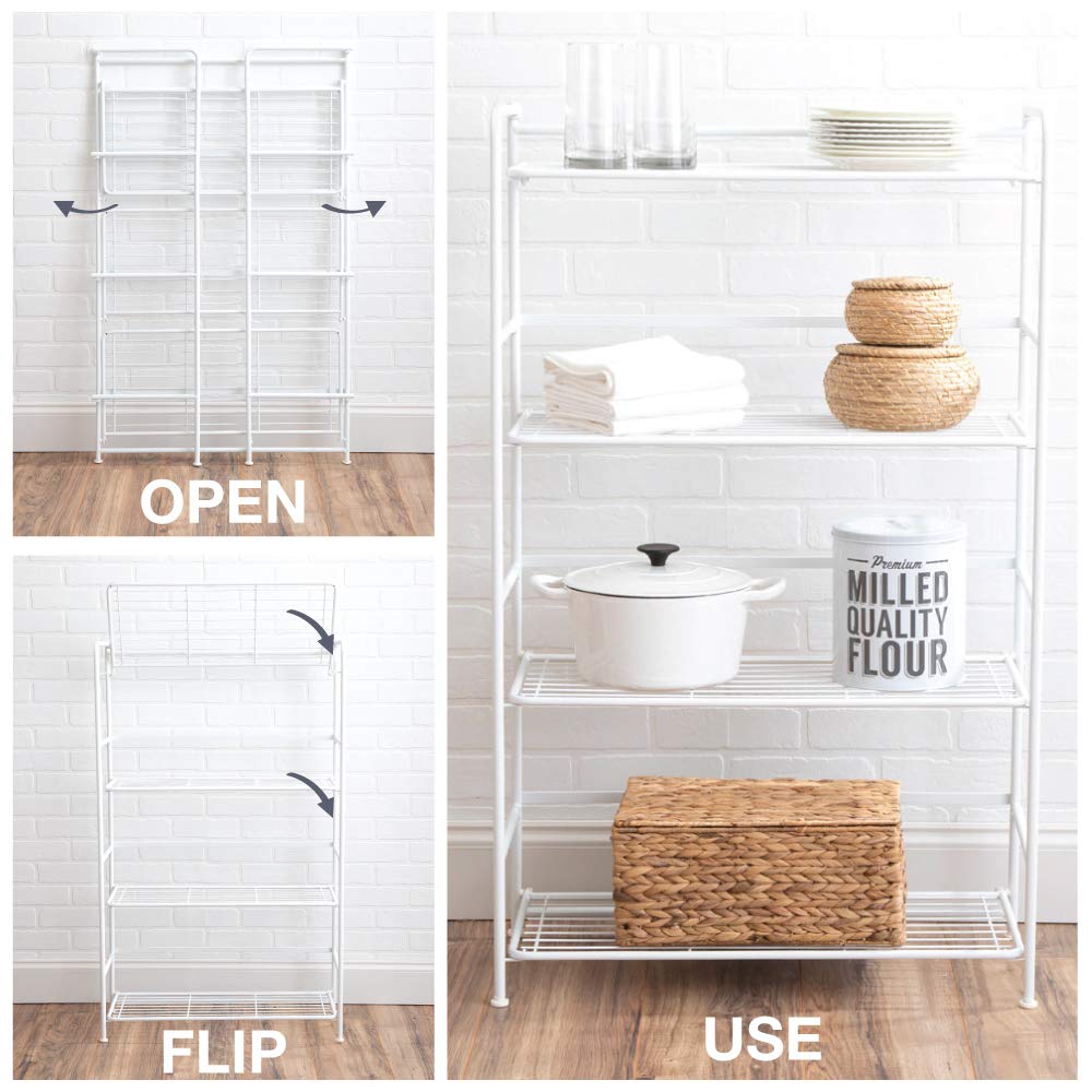 Flipshelf Folding Metal Bookcase-Small Space Solution-No Assembly-Home, Kitchen, Bathroom and Office White, 4 Shelves, Wide