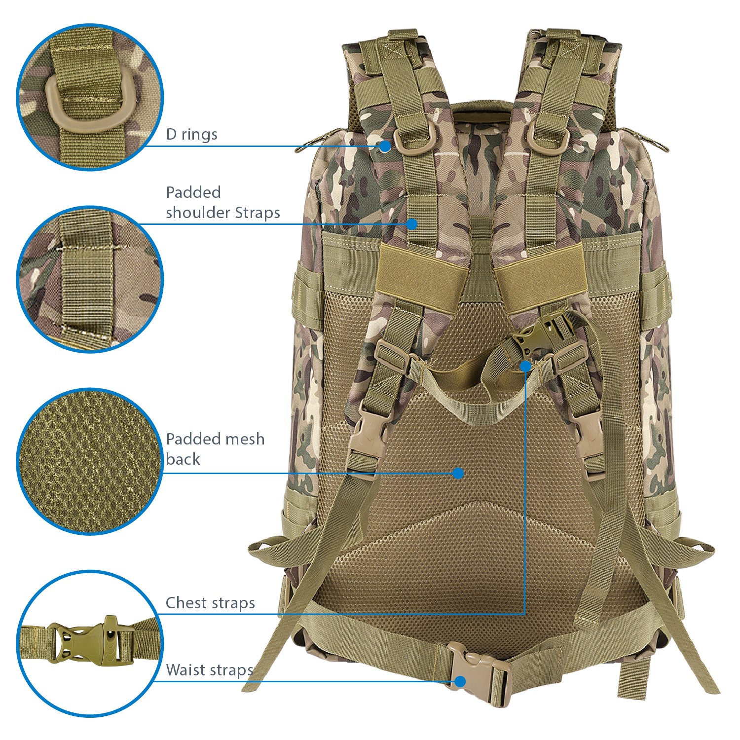 Flexzion Assault Pack Backpack - 40L Large Tactical Bags for Men Military Style Backpack, MOLLE Bug Out Gear Backpack, Water-Resistant RuckSack Army Backpack for Men and Women - Marshland Camouflage