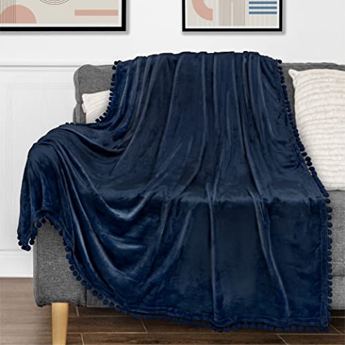 PAVILIA Navy Blue Throw Blanket Pom Pom for Couch Bed Sofa, Fleece Soft Fuzzy Cozy Lightweight Pompom Fringe Blanket, Decorative Boho Room Home Decor Gift Flannel Velvet Throw, Dark Blue, 50x60