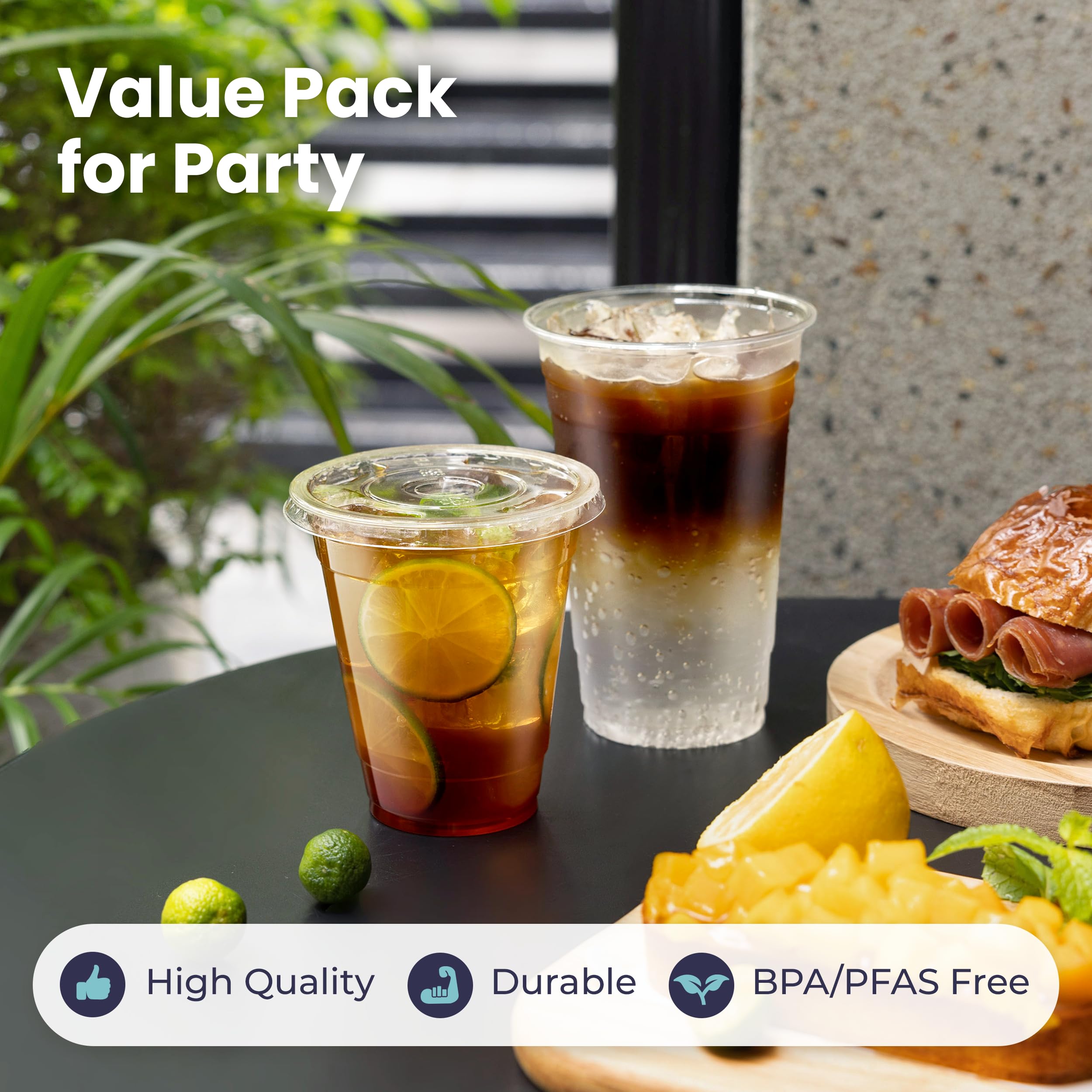 Fit Meal Prep 50 Pack 32 oz Clear Plastic Cups with Flat Lids, Disposable Iced Coffee Cups, BPA Free Premium Crystal Smoothie Cup for Party, Lemonade Stand, Cold Drinks, Juice, Milkshake