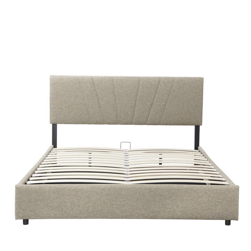 FDSPDO Lift Up Storage Bed Queen Upholstered Bed with Tufted Headboard and Storage Underneath, Wooden Platform Bed Frame for Kids Teens Adults (Queen Size, Beige)