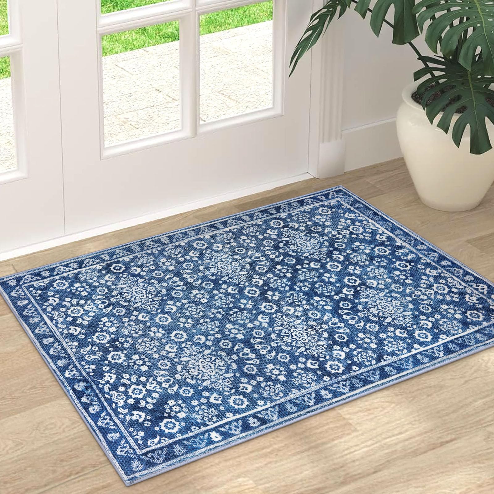 SILOLOOM Vintage Washable Rug 2x3, Blue Small Area Rugs for Entryway, Floral Super Soft Kitchen Rugs, Low-Pile Throw Rugs Indoor Door Mat Thin Print Faux Wool Carpet for Entrance, Office, Farmhouse