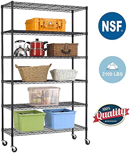FDW 48"L×18"W×82"H Wire Shelving Unit Storage Cart Metal Shelf Rolling Utility Cart 2100Lbs Capacity with 6 Tier Casters Adjustable Layer Rack Strong Steel for Restaurant Garage Pantry Kitchen,Black