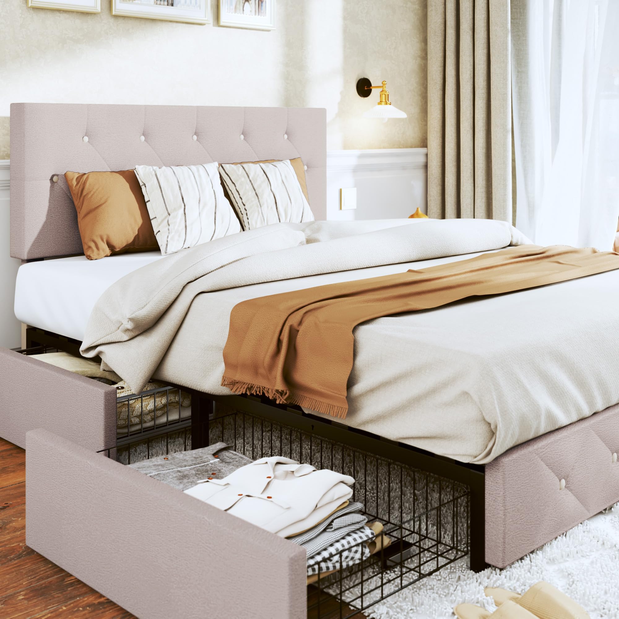 Fluest Queen Bed Frame with Headboard Storage, Upholstered Platform with Adjustable Headboard, Wooden Slats, No Box Spring Needed, Easy Assembly, Mattress Foundation - Beige