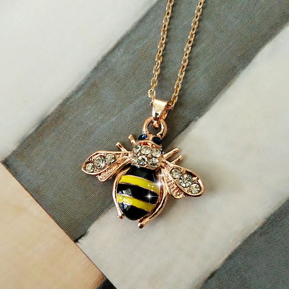 Figaro Design Elegent Crystal Yellow Little Bee Colored Glaze Drip Honey Bee Little Bumblebee Pendant Necklace