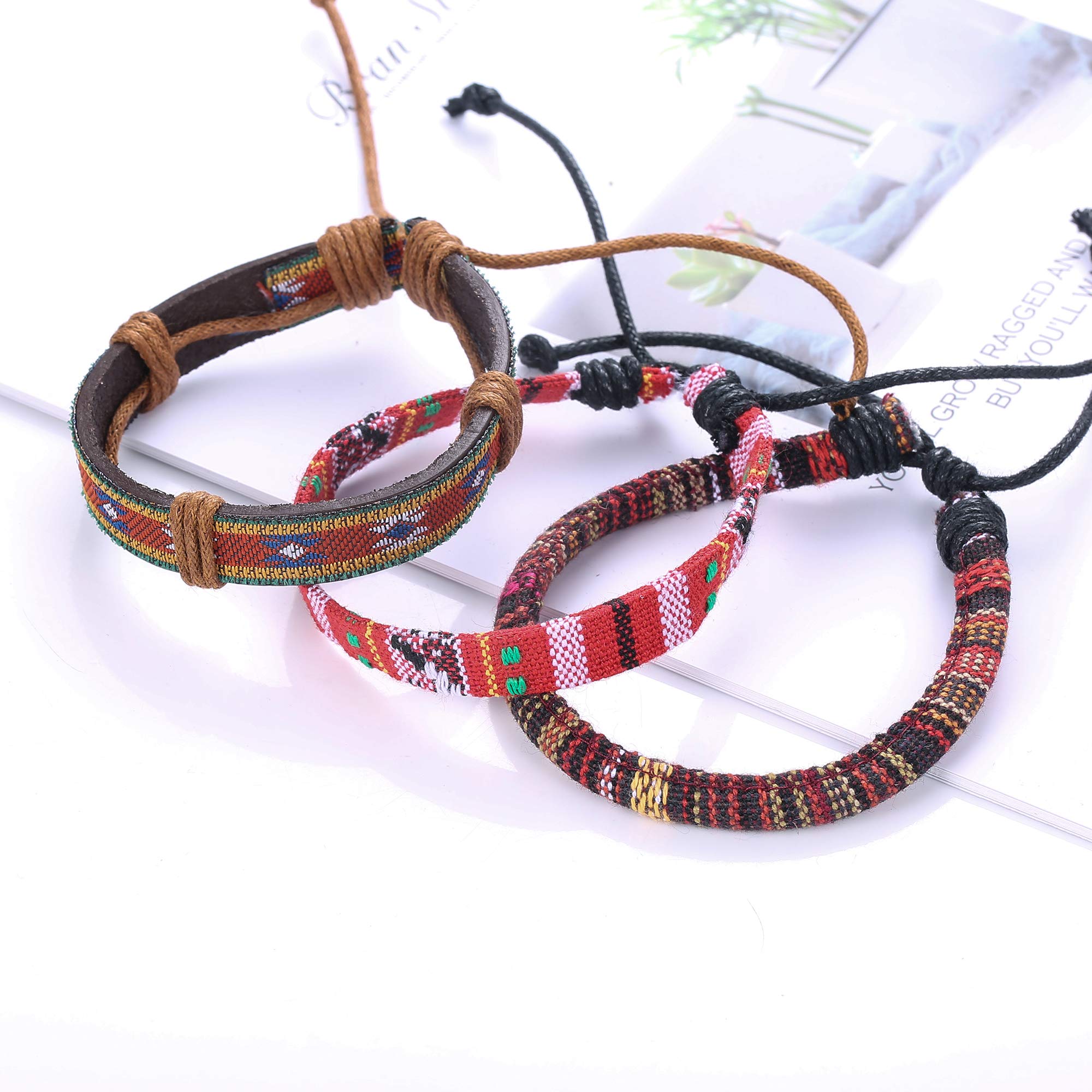 FINREZIO 24 Pcs Braided Leather Bracelet Set For Women Men Wristbands Boho Ethnic Tribal Linen Hemp Cords Beads Wrap Bracelets String Handmade Jewelry