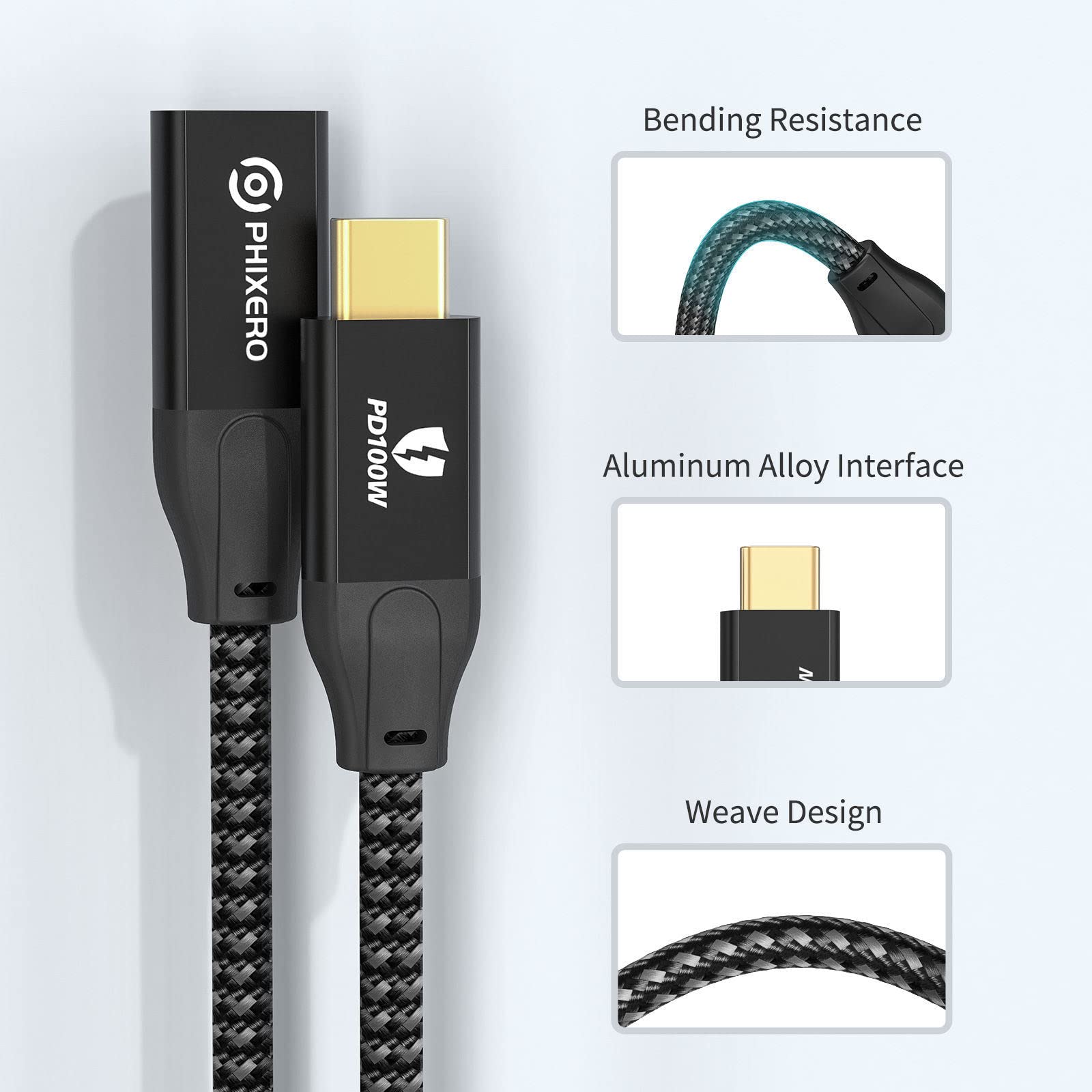 PHIXERO Right Angle USB C Extension Cable 1.6ft(20Gbps, 100W), USB C 3.2 Gen 2x2 Male to Female Extender, Type C 4K@60Hz Video Cable, Compatible with USB C Hub/MacBook/iPad Pro/Magsafe Charger/Switch