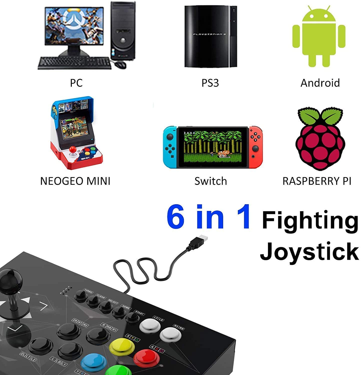 Fight Sticks PC,Arcade PC Joysticks Fight Stick Street Fighter Video Game Controller Fighting Joystick for PC, Nintendo Switch, NEOGEO Mini, NeoGeo Pro, PS3,Raspberry Pi, PS Classic, Android