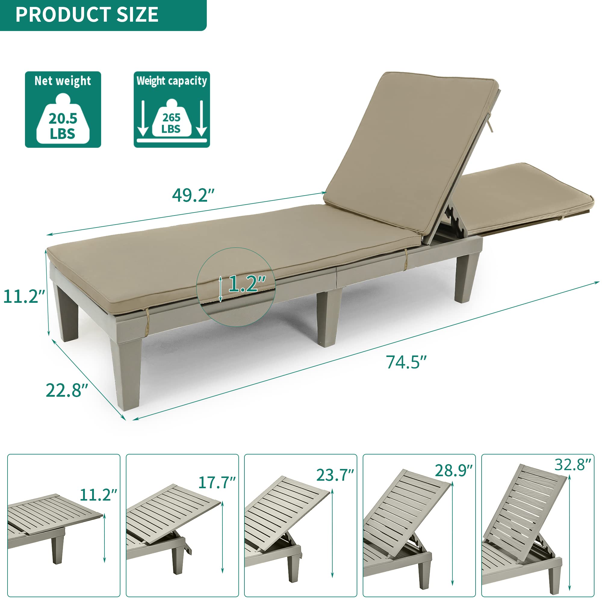 YITAHOME Patio Chaise Lounge Set of 2, Outdoor Chaise Lounge with Cushion & Adjustable Backrest for Backyard, Poolside, Lawn, Waterproof & Easy Assembly (Taupe)