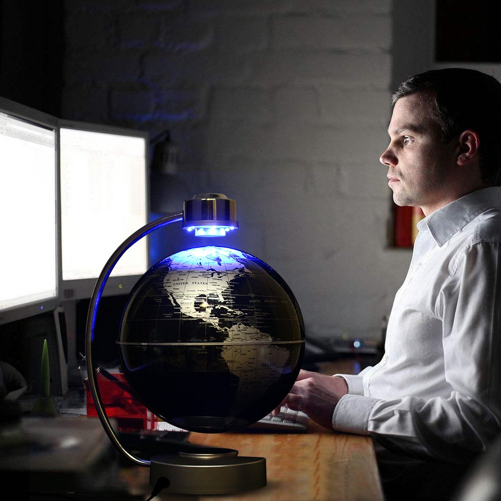 Floating Globe, Office Desk Display Magnetic Levitating and Rotating Planet Earth Globe Ball with World Map, Cool and Educational Gift Idea for Him - 8” Ball with Levitation Stand (Black2)