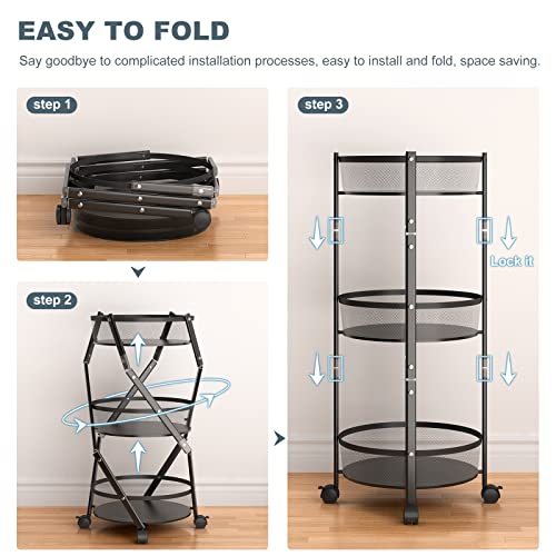 Innotic 3-Tier Rolling Utility Cart, No Assemble, Collapsible Metal Storage Organizer Cart with Lockable Wheels, Multifunctional Trolley for Kitchen, Office, Garden(Black)