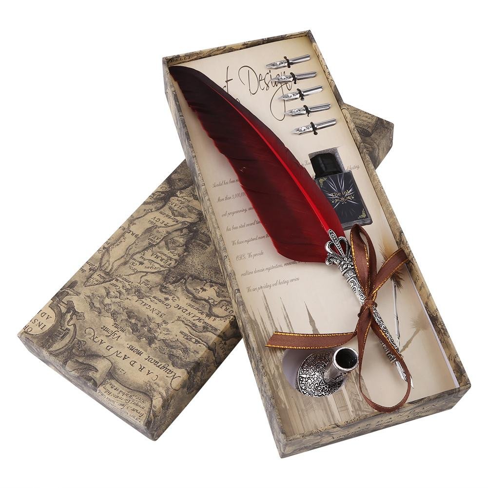 Feather Quill Pen,Antique Calligraphy Feather Dip Quill Pen with Ink Set,5 Replacement Nibs,Fluent in writing(Red)