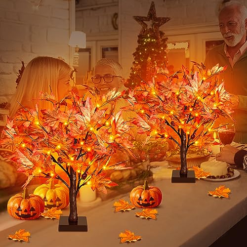 Remon 36 LED Lighted Fall Maple Tree - 1.5FT Thanksgiving Tabletop Lamp Decor with, 72 Maple Leaves, 6 Acorns, Timer Battery Operated 18 Inch Burlap Base Fall Artificial Tree for Autumn Decorations