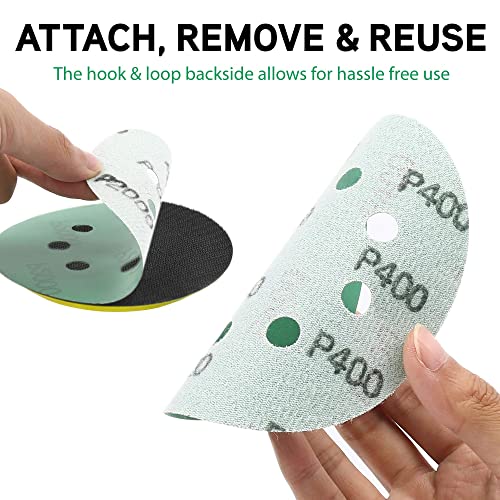 LotFancy 5 Inch 8 Hole Sanding Discs - 60PCS 400 600 800 1000 1500 2000 Grit Wet Dry Sandpaper Fine Grit Assortment, Green Film Backed, Hook and Loop Random Orbital Sander Sand Paper