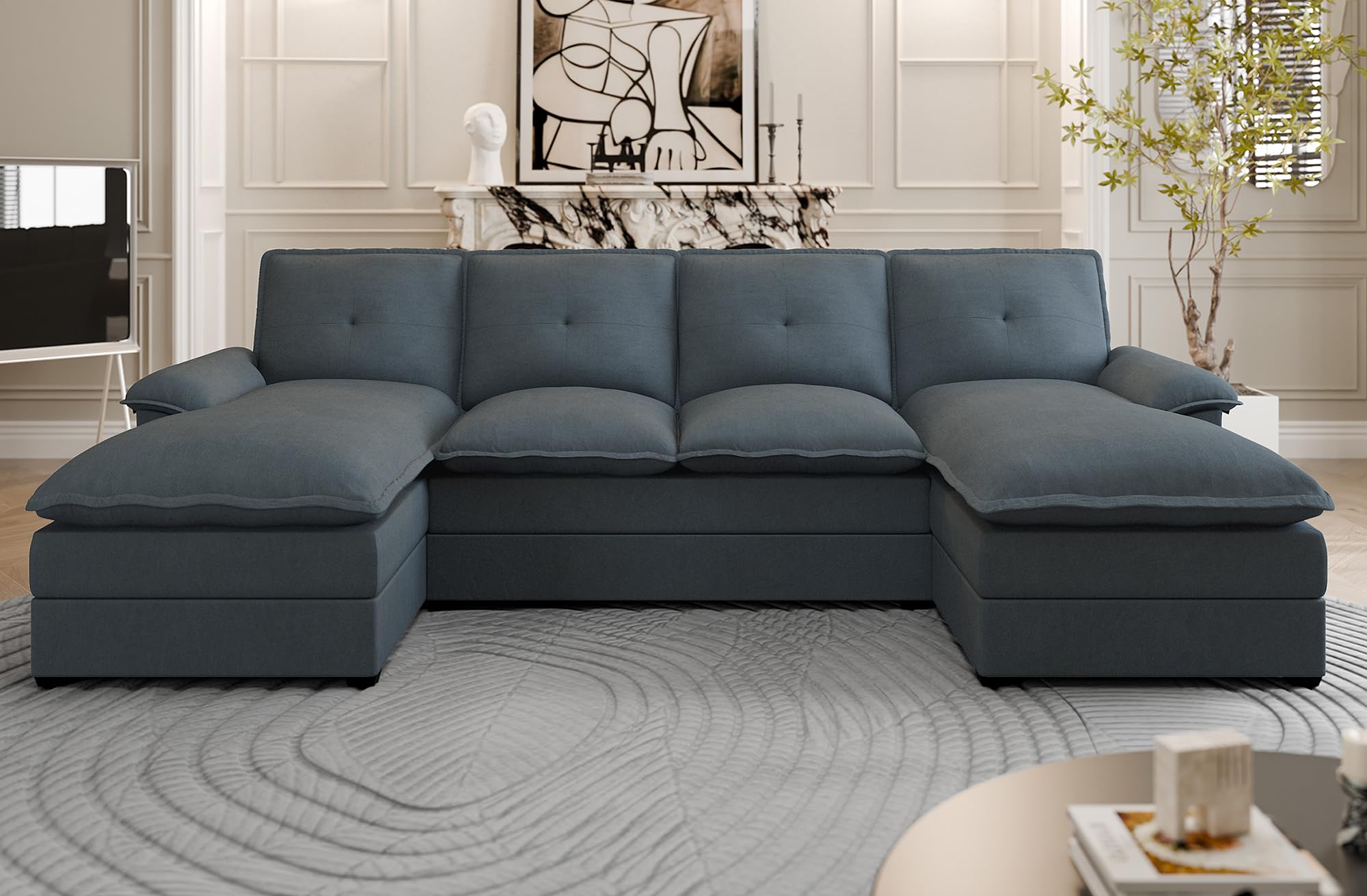 Shintenchi 110" Modular Sectional Couches for Living Room, U-Shaped Sofa Couch with Double Chaise, 4 Seat Sofa Sets with Thick Cushion & Soft Backrest, Dark Grey